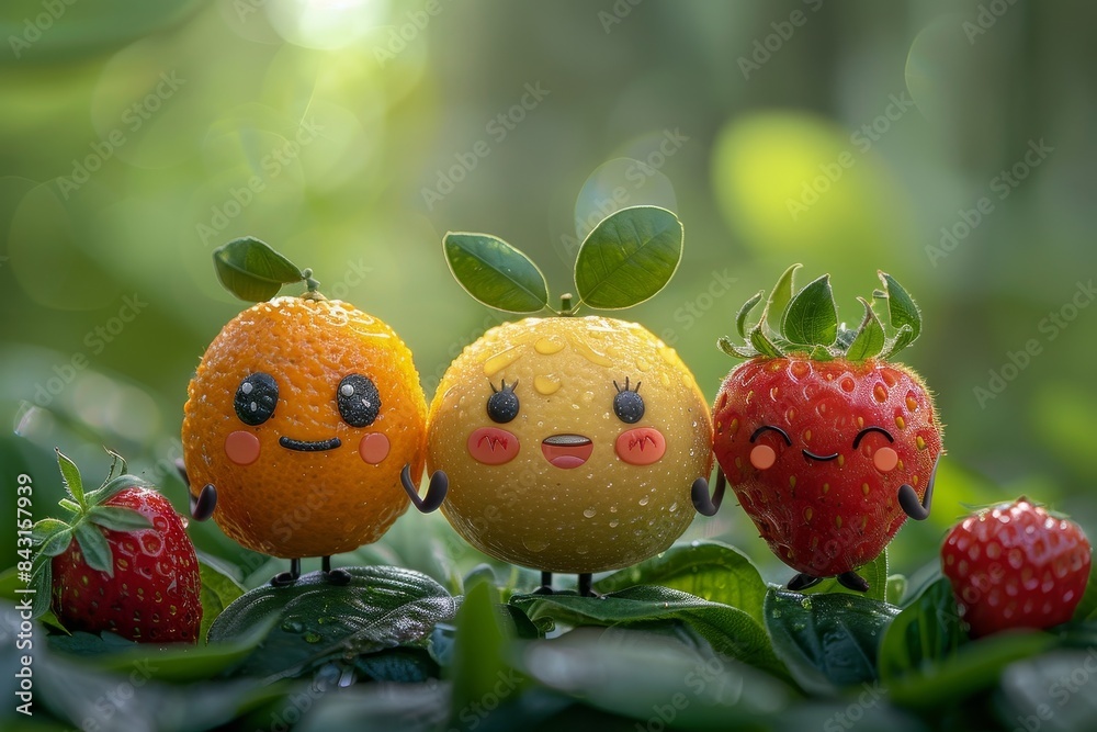 Smiling fruits with cute facial expressions set in a lush green garden ...