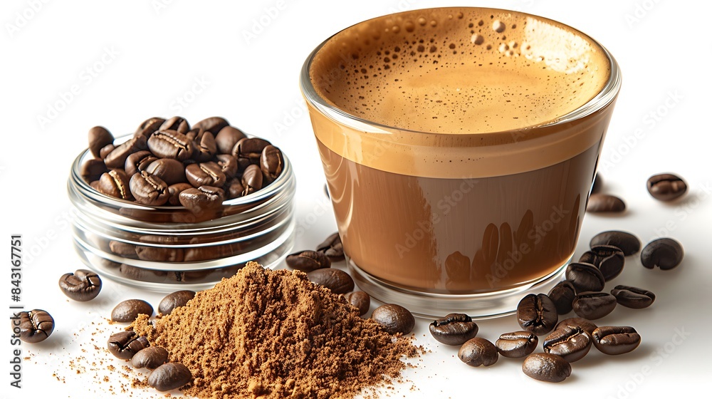 double shot espresso with a side of coffee beans all cut out on an ...