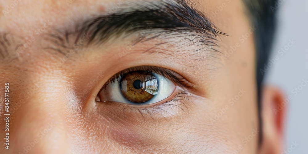 Half portrait, closeup, and man's eyes with vision, focus, and ...