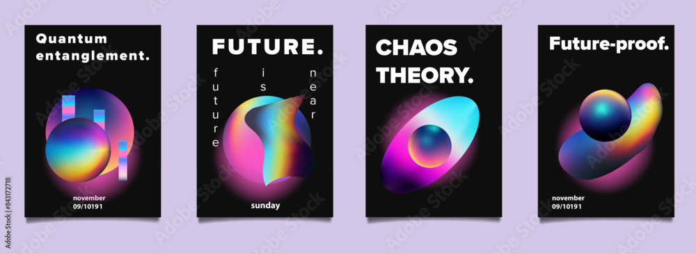 Set of abstract posters with complex 3d shapes in holographic bright ...