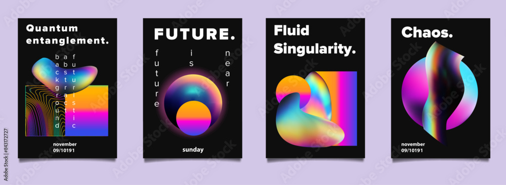 Set of abstract posters with complex 3d shapes in holographic bright ...