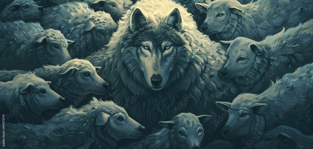 Illustration of a wolf among sheep in a detailed drawing Stock ...