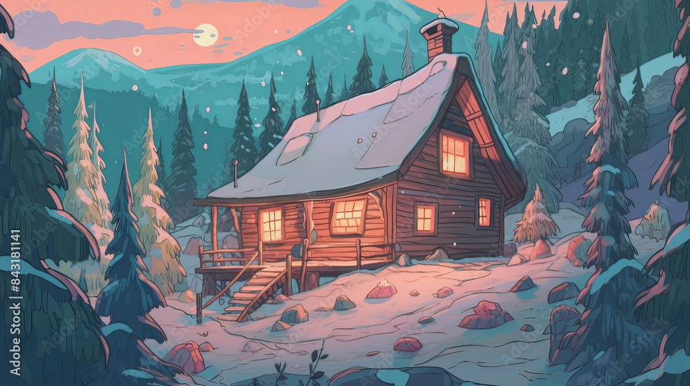 A detailed description of a cozy cabin in the mountains, in the style ...