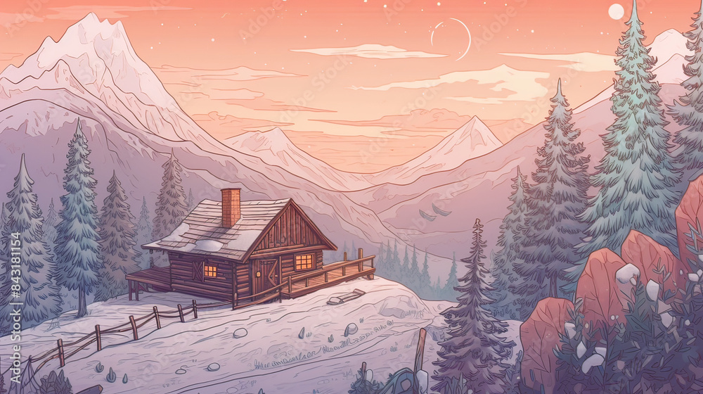 A detailed description of a cozy cabin in the mountains, in the style ...