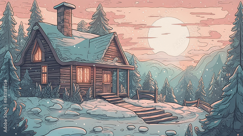 A detailed description of a cozy cabin in the mountains, in the style ...