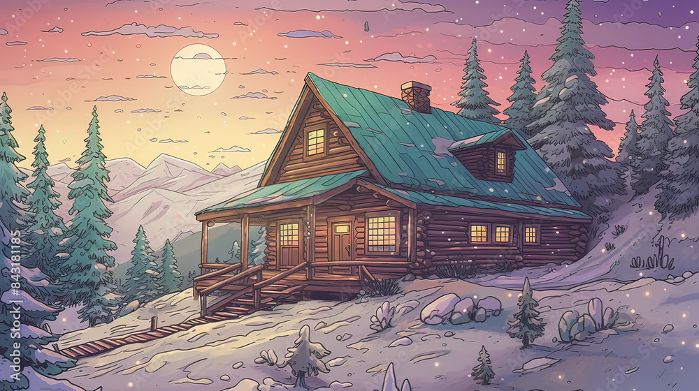 A detailed description of a cozy cabin in the mountains, in the style ...