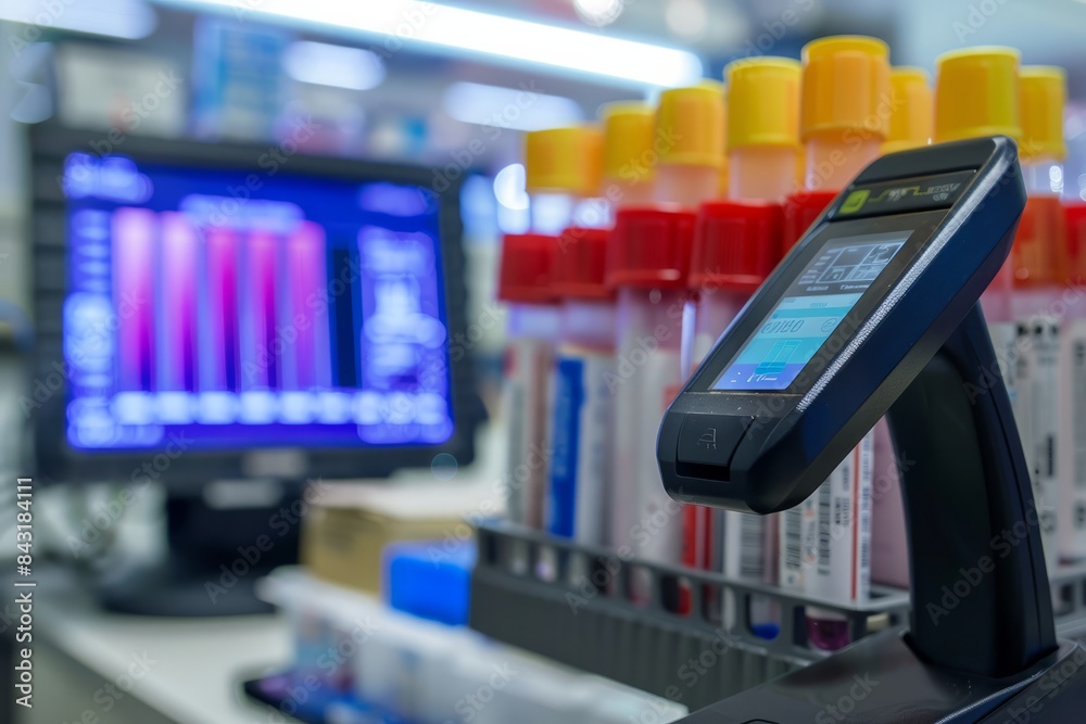 Bar code scanner and test tube over monitor of complete blood count ...