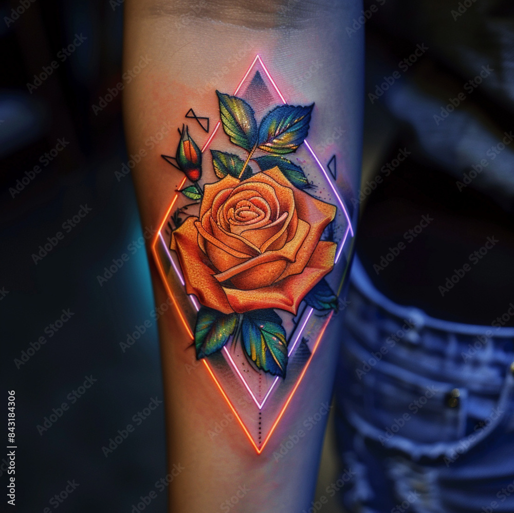red rose with two diffrent color neon triangles behind it, tattoo ...