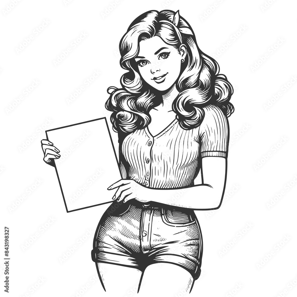 woman holding a blank poster sign, ready for customizable text, in classic pin-up pose sketch ...