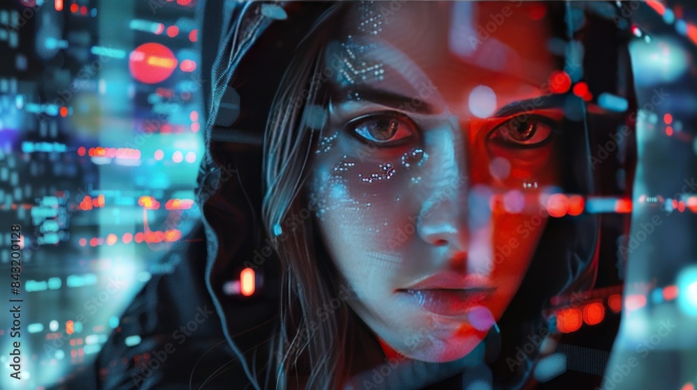 Woman hacker wearing hood looking at cyber crime digital hologram ...