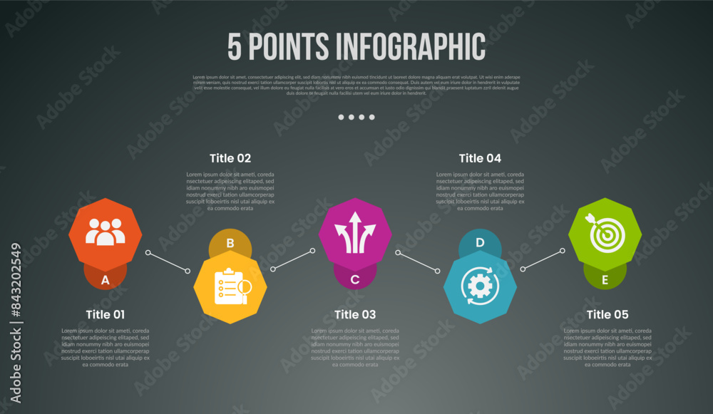 5 points or step process infographic with octagon shape and chained ...