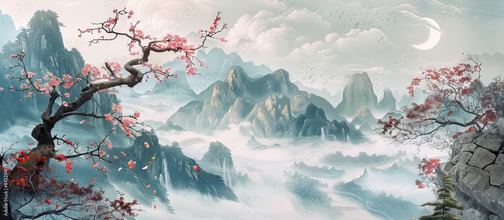 3d Chinese landscape Wallpaper Background golden art for digital ...