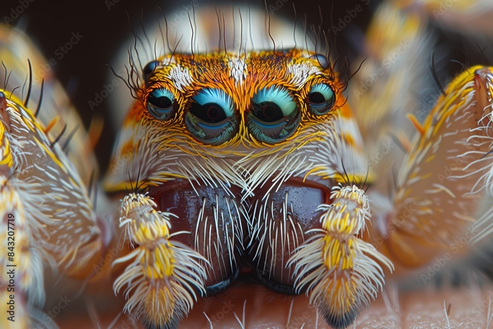 Highly detailed close-up of a colorful exotic spider displaying ...
