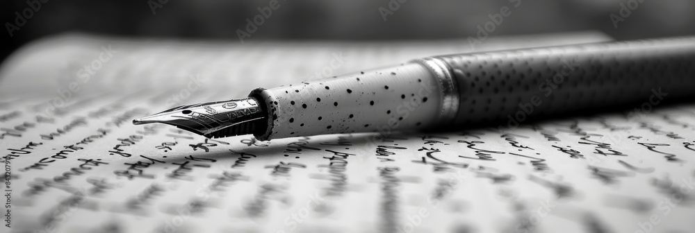 An elegant fountain pen with intricate details rests on a handwritten ...