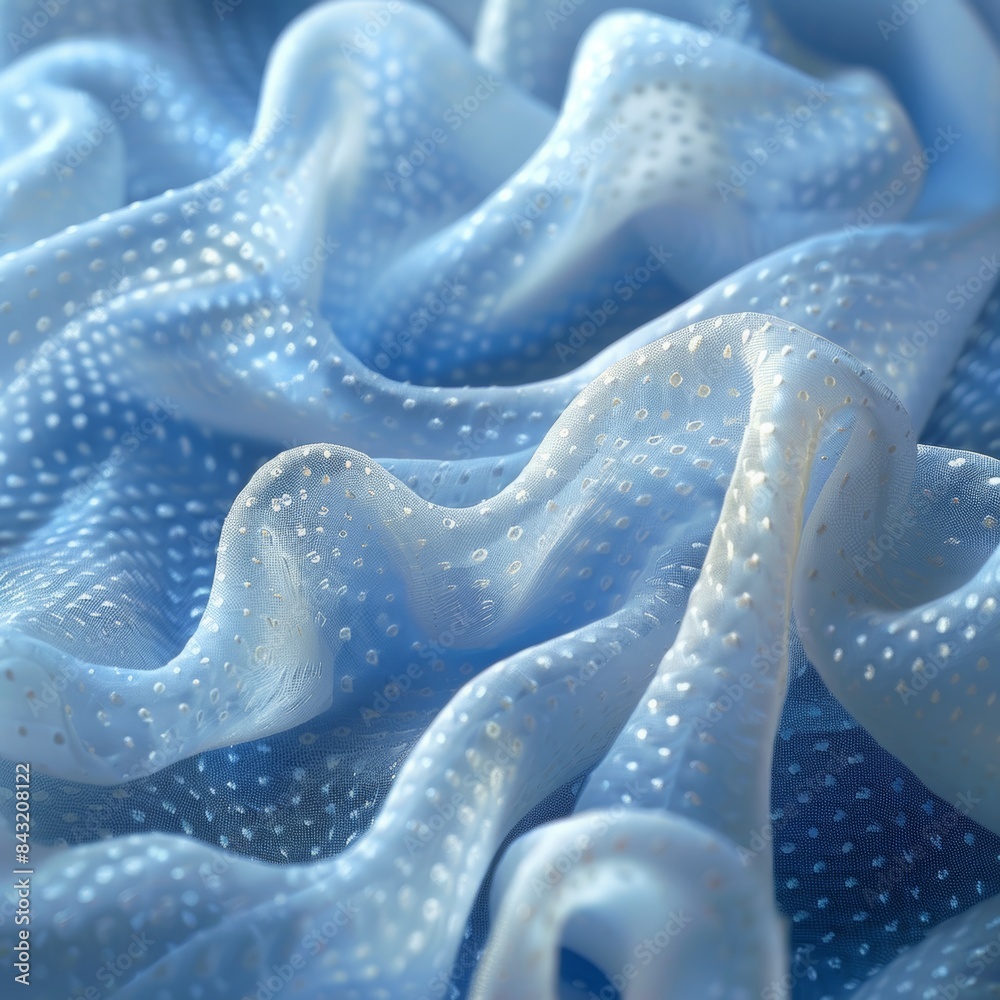 Flowing and delicate light blue fabric with intricate dot patterns ...