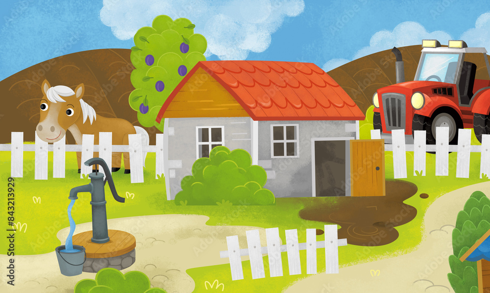 cartoon summer scene with farm ranch enclosure backyard garden and ...