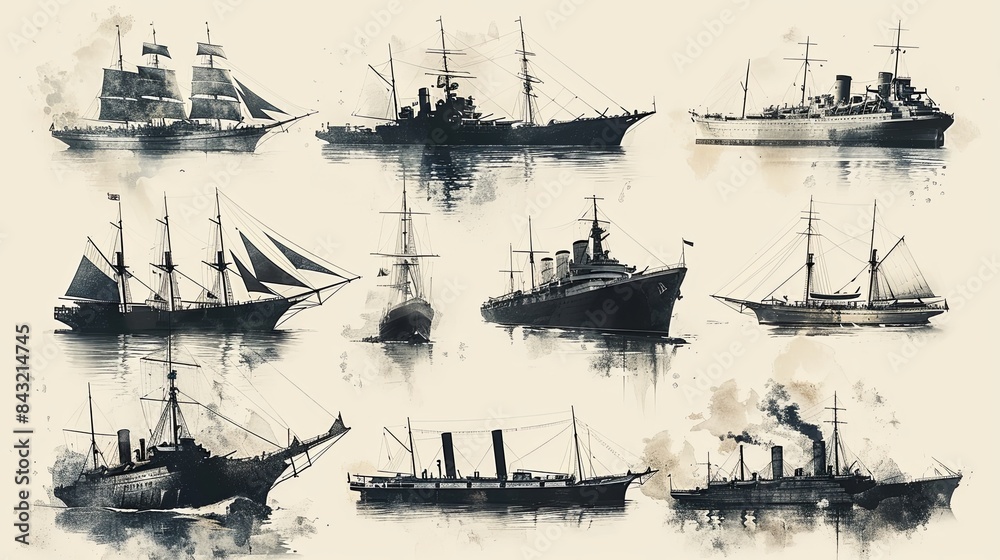 Various ship set, marine transport. Collection of tanker, sailboat ...