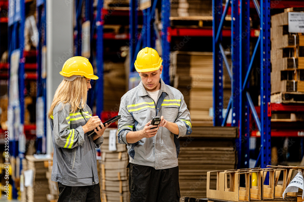 man and woman worker walking and checking stock for shipping. Female ...