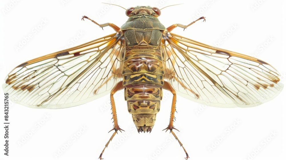 Planthopper insect in dorsal view with wings and body details against a ...