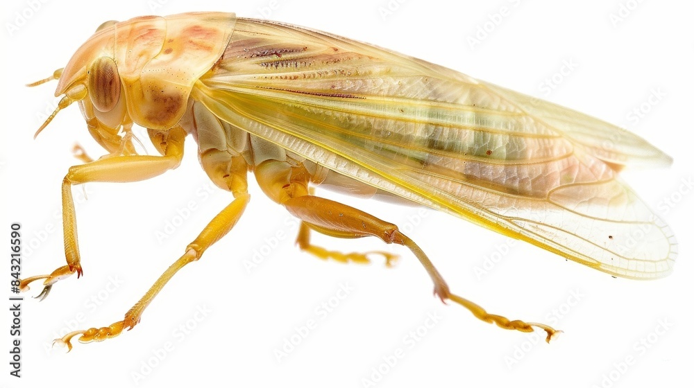 Planthopper insect is standing on six legs with its wings folded on a ...