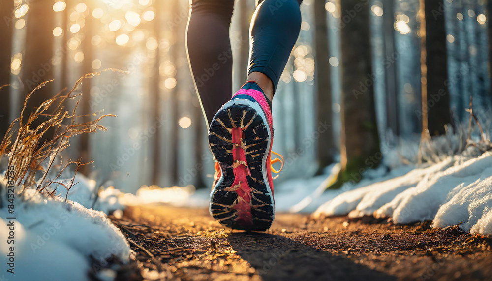 trail runner's legs and shoes as they walk on a forest path. The image ...