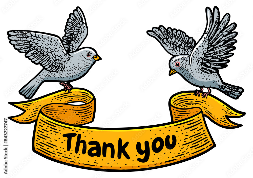 birds carry thank you banner ribbon color sketch engraving PNG ...