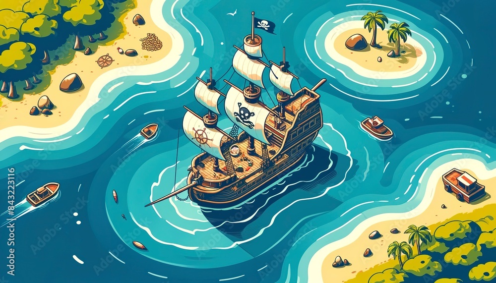Pirate ship on ocean flat design top view treasure hunt theme cartoon ...