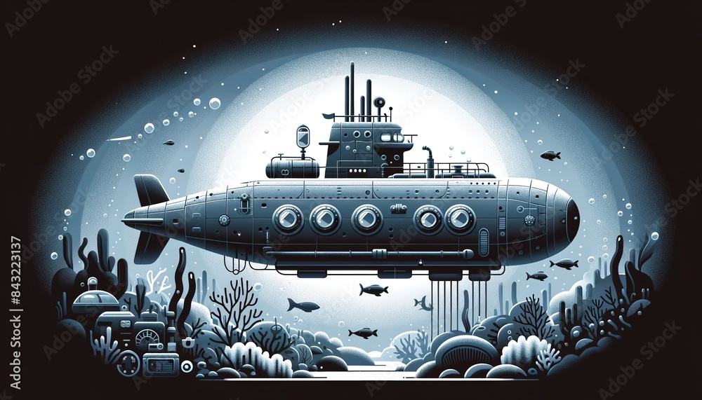 Deep sea submarine voyage flat design side view oceanic exploration ...