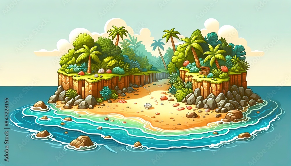 Hidden island cove flat design side view secret beach theme cartoon ...