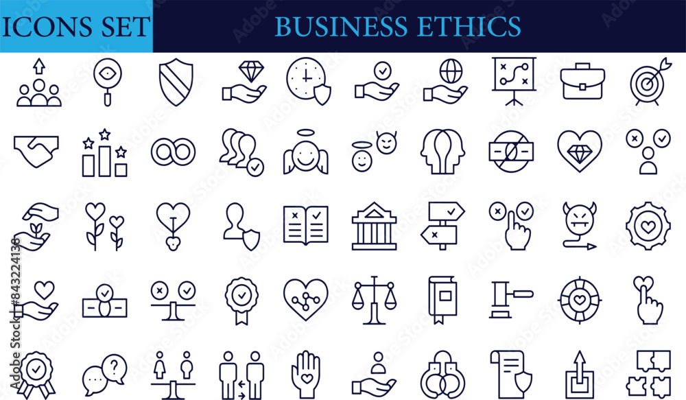 Business ethics and core values editable stroke outline icons set isolated on white background ...