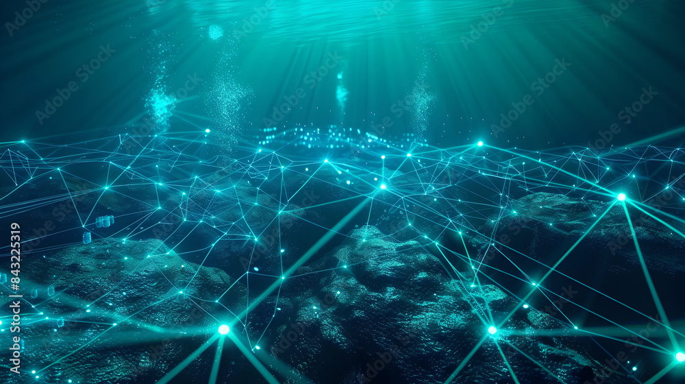 Underwater communication network visualized with light beams connecting ...