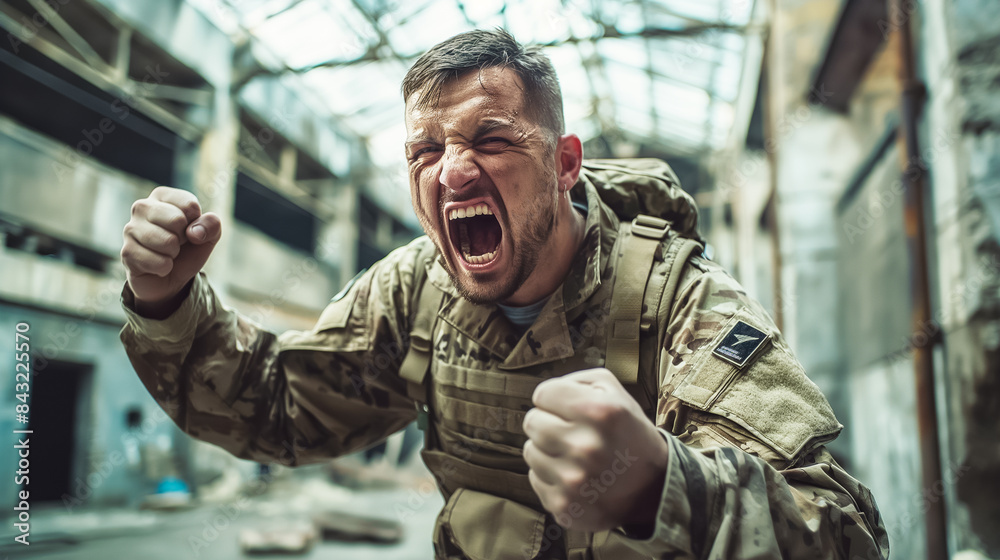 Fierce Soldier Yelling with Raised Fists in Abandoned Building ...