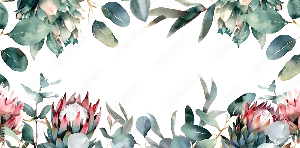 Watercolor hand draw floral frame with green eucalyptus leaves and red ...
