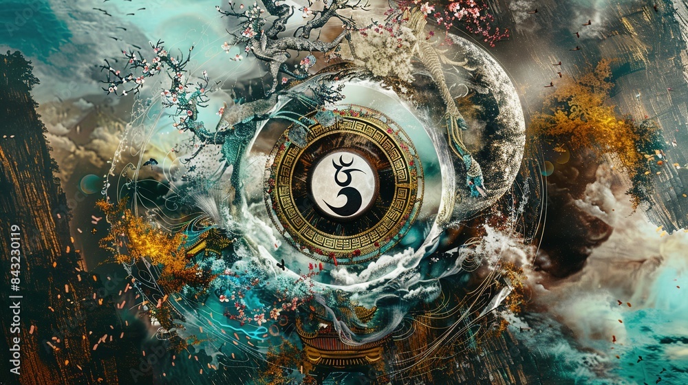 A collage of different religious symbols such as the wheel of dharma ...