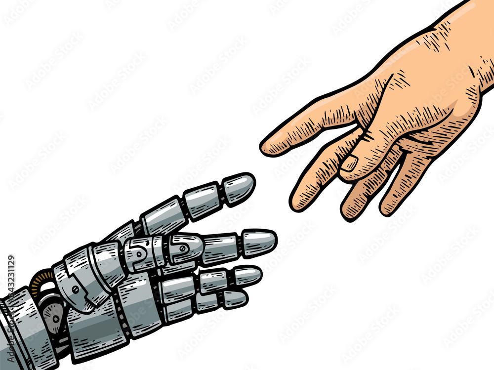 Mechanical robot hand and human reach each other color sketch engraving ...
