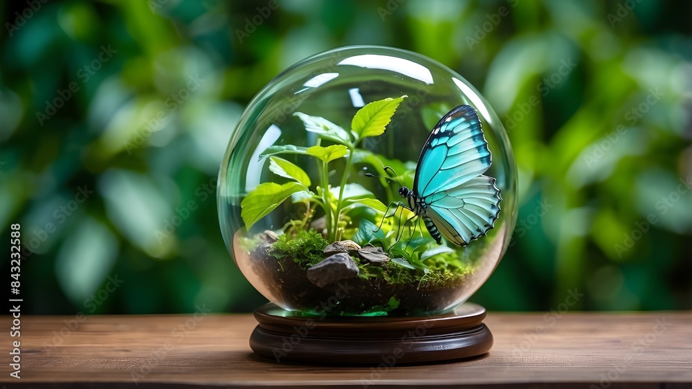 Concept of World Environment Day.Glass globe featuring a butterfly. the ...