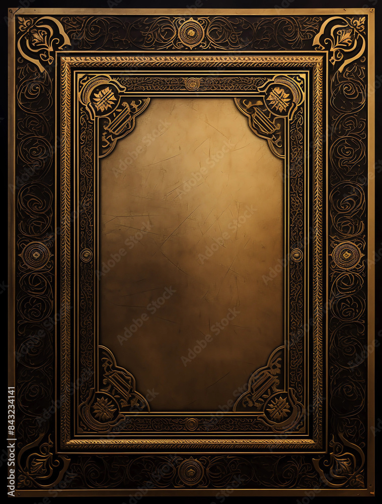 A beautiful and ornate blank book cover with a gold frame in the style ...