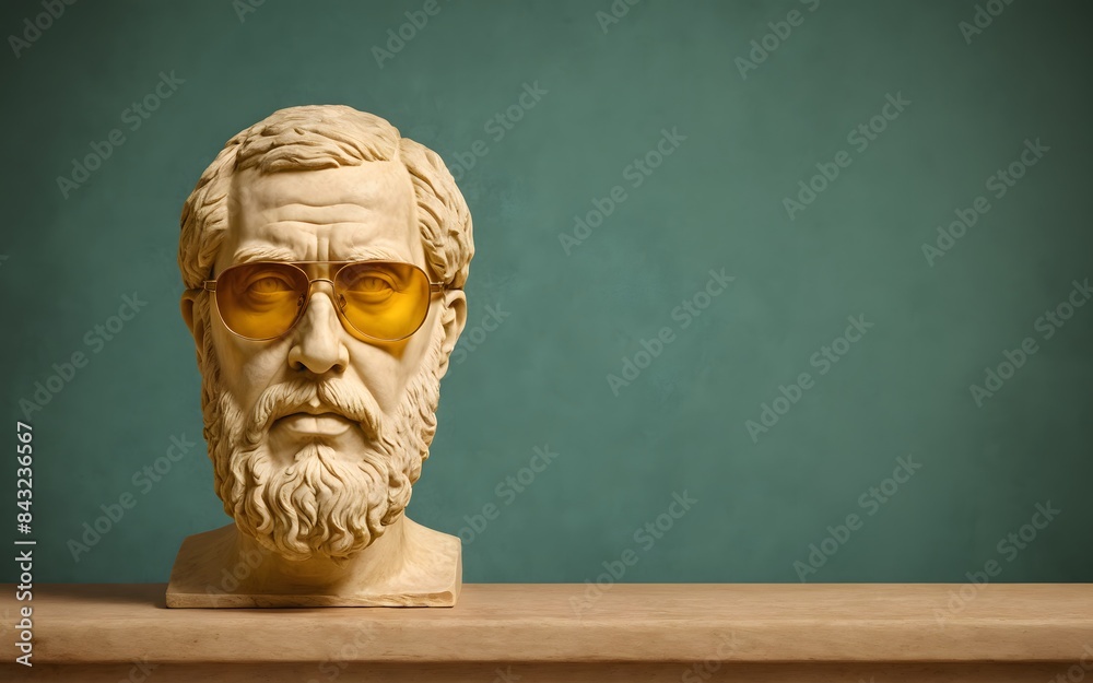 Ancient Greek Stoic Statue with vintage sunglasses on wooden Background ...