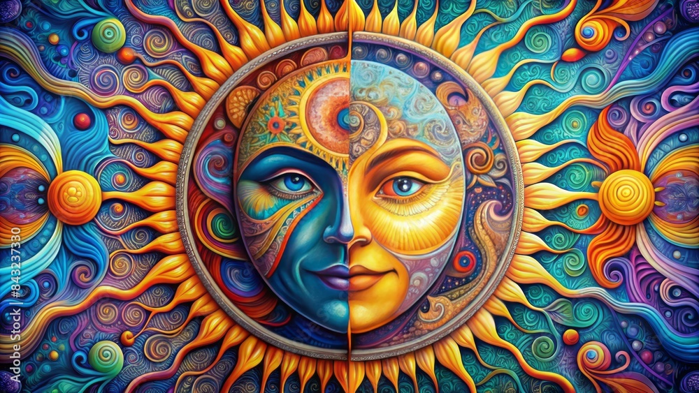 Vibrant surrealist artwork featuring a large circle split into two ...