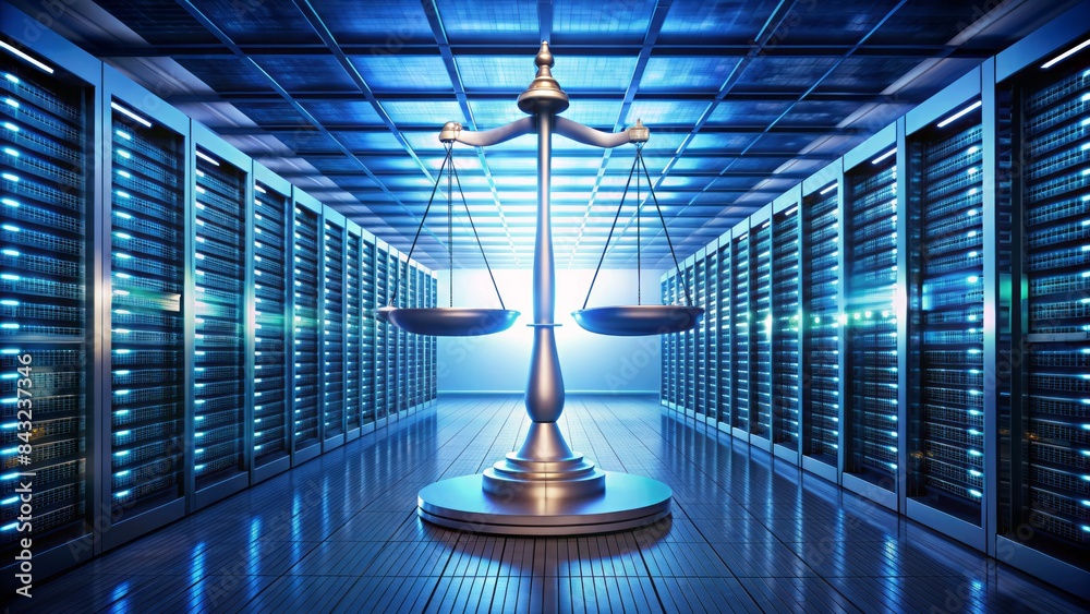 Law scales balancing ones and zeros at modern data center surrounded by ...