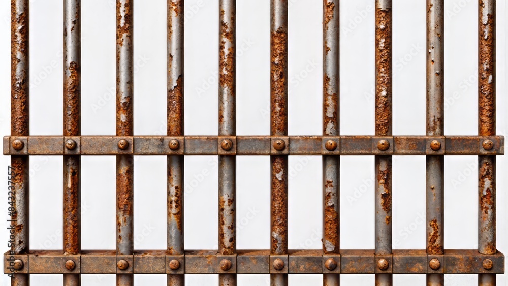 Rusty iron prison bars with flecks of rust, bolts and rivets, isolated on a transparent ...