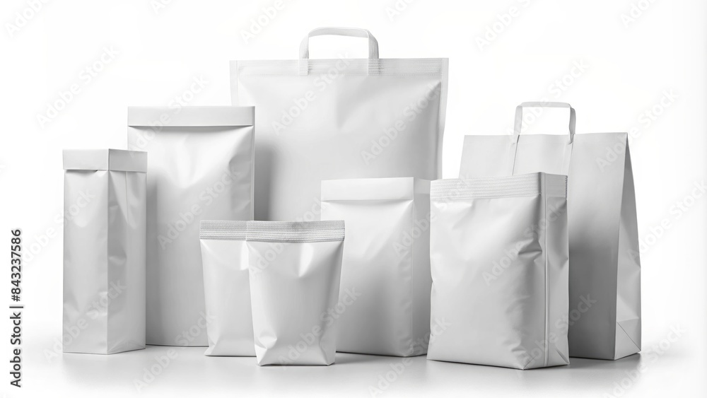 Assorted white bag packaging templates in various shapes and sizes ...