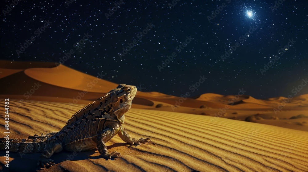 Lizard in the desert under starry night sky for adventure or travel ...