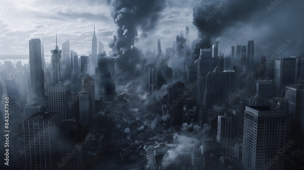 5. Picture a haunting tableau of a city under siege, its skyline ...