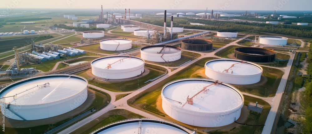 aerial view of oil storage tanks with white walls and massive ...