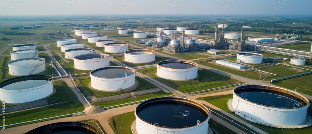 aerial view of oil storage tanks with white walls and massive ...