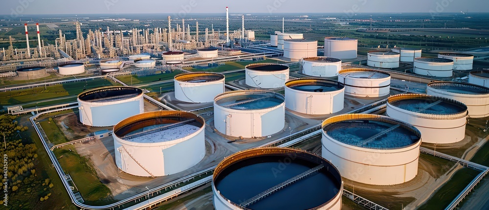 aerial view of oil storage tanks with white walls and massive ...