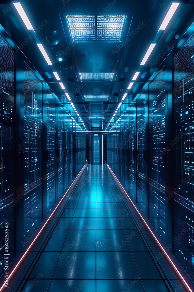 Illuminated server room buzzing with activity, holographic displays ...