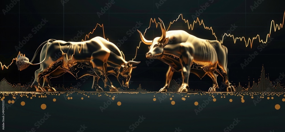 modern wallpaper, the golden bull and bear in front of black trading chart with rising line on ...