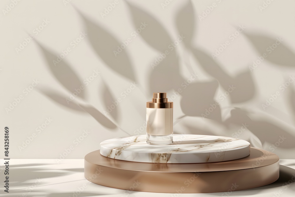 Light beige or brown podium with cosmetics mockup. Deodorant or perfume ...